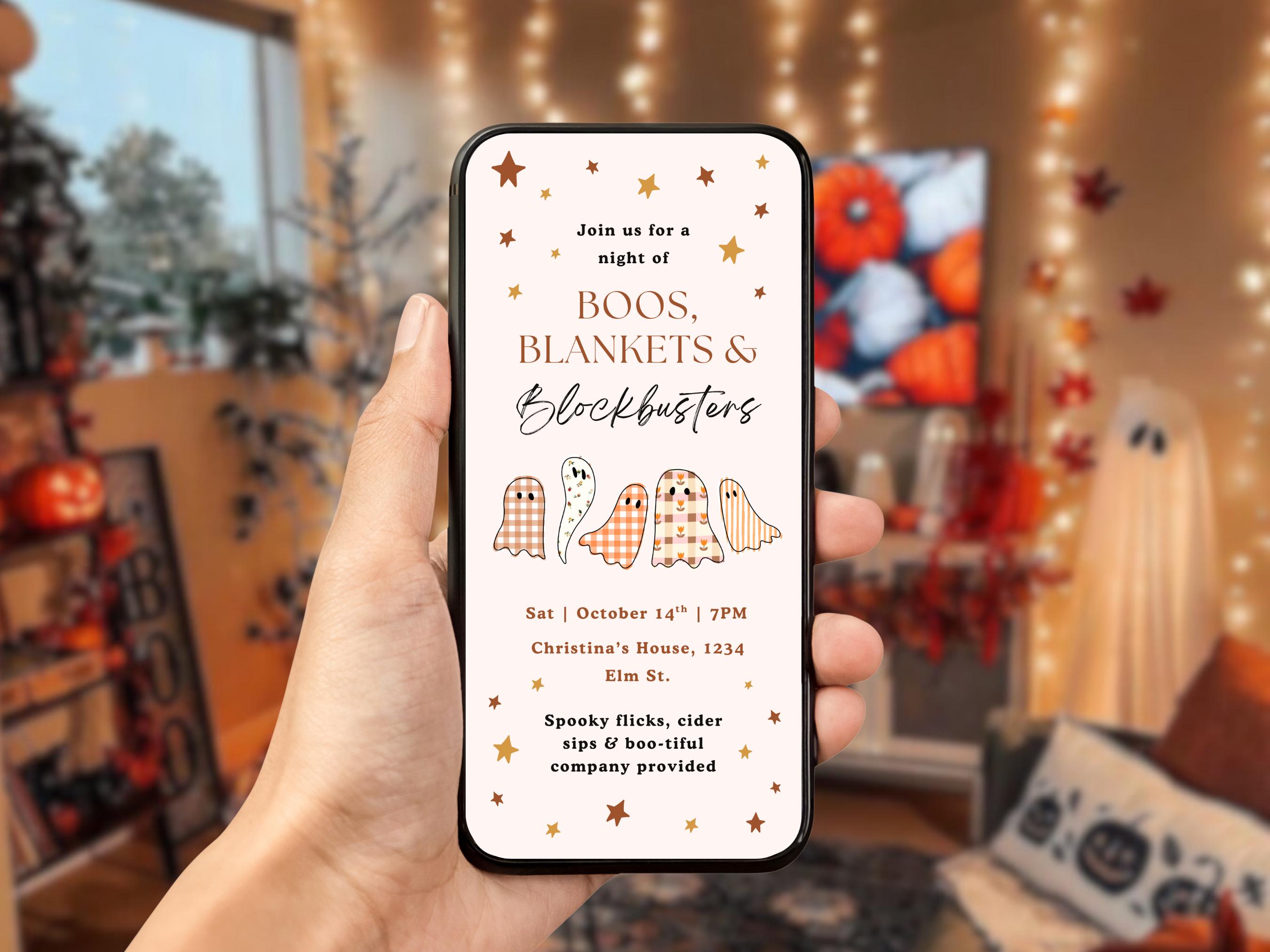 Boos Blankets & Blockbusters Movie Night Invitation | Cozy Halloween ...