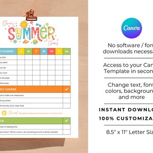 Kids Summer Chore Chart Template – Printable, Editable Canva Chart for ...