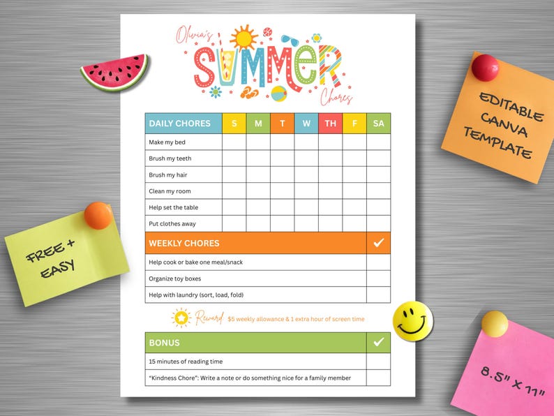 Kids Summer Chore Chart Template – Printable, Editable Canva Chart for ...