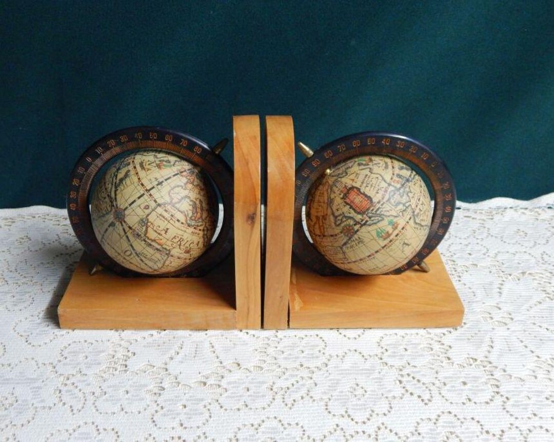 Wood Globe Bookends - World Globe Bookends - Desk Paperweights - Office ...