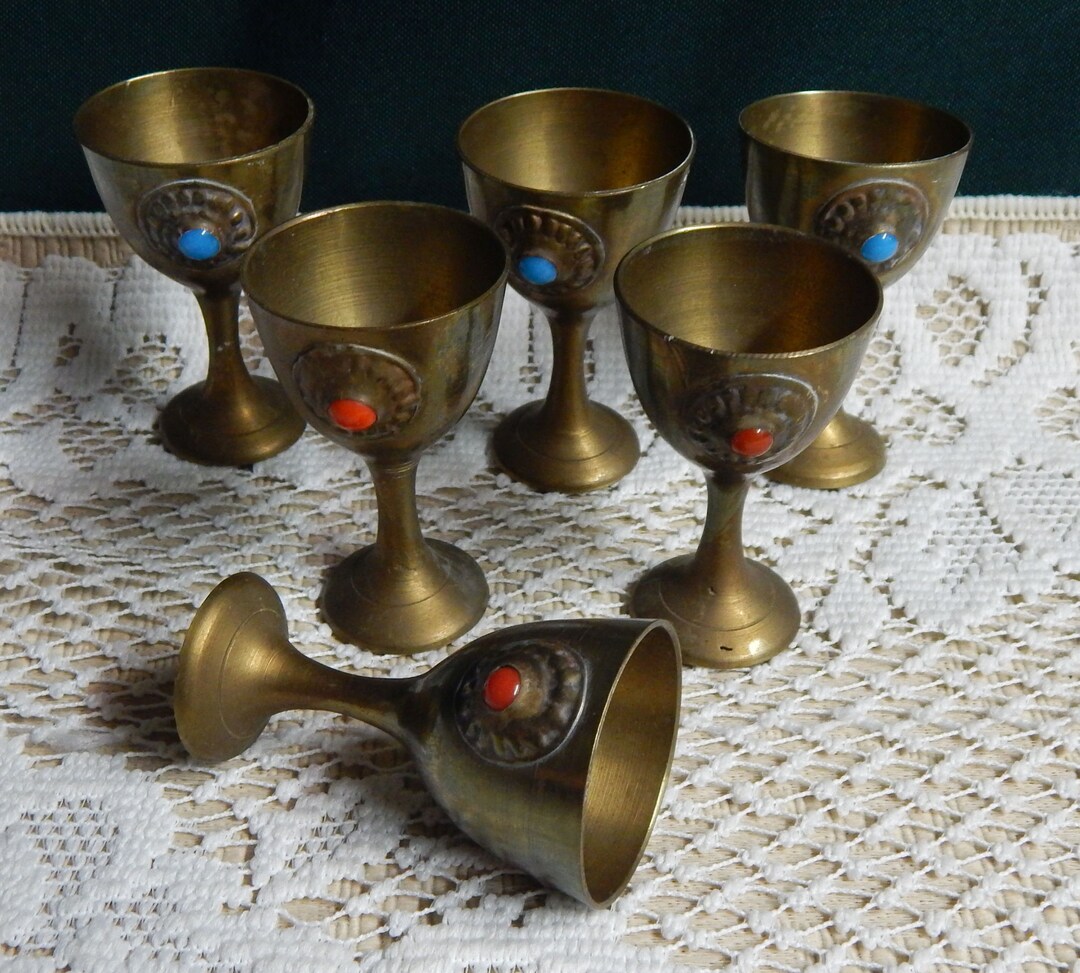 Brass Chalices Set: Medieval Embossed Goblets With Red/blue Stone - Etsy