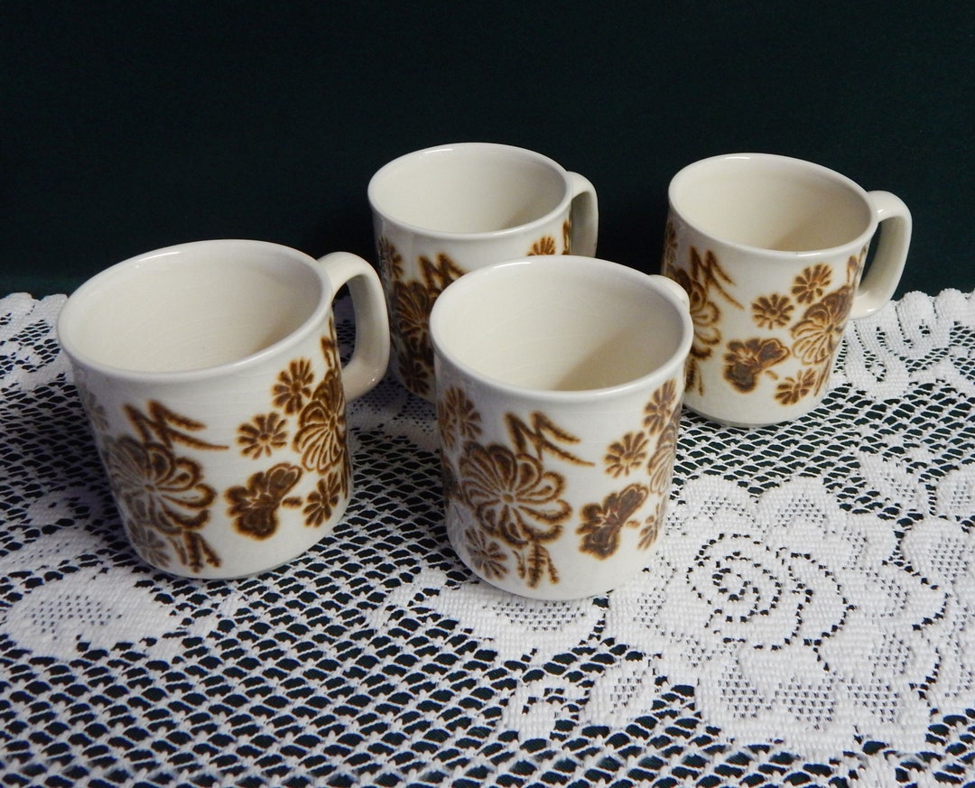 WP English Tea Mugs Set of 4 Flower Embossed Mugs Ceramic Coffee Tea ...