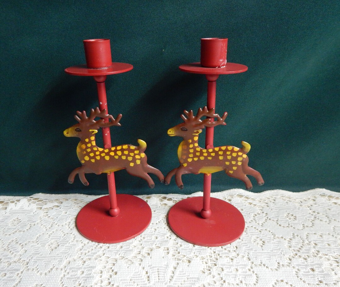 Metal Reindeer Candlesticks - Set of 2 - Taper Candleholders - Holiday ...