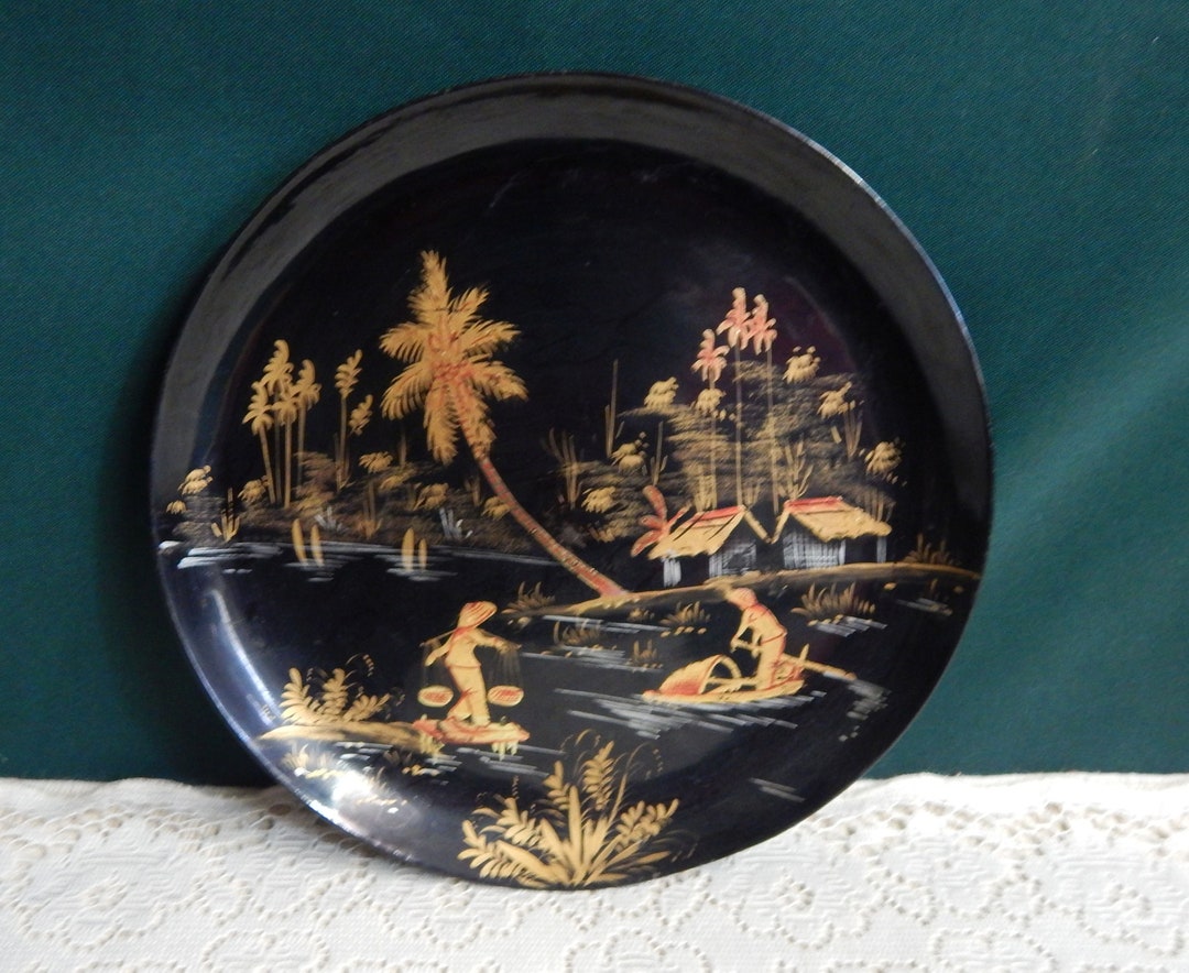 Lacquerware Serving Tray - Round Lacquerware Plate or Bar Tray - Asian ...