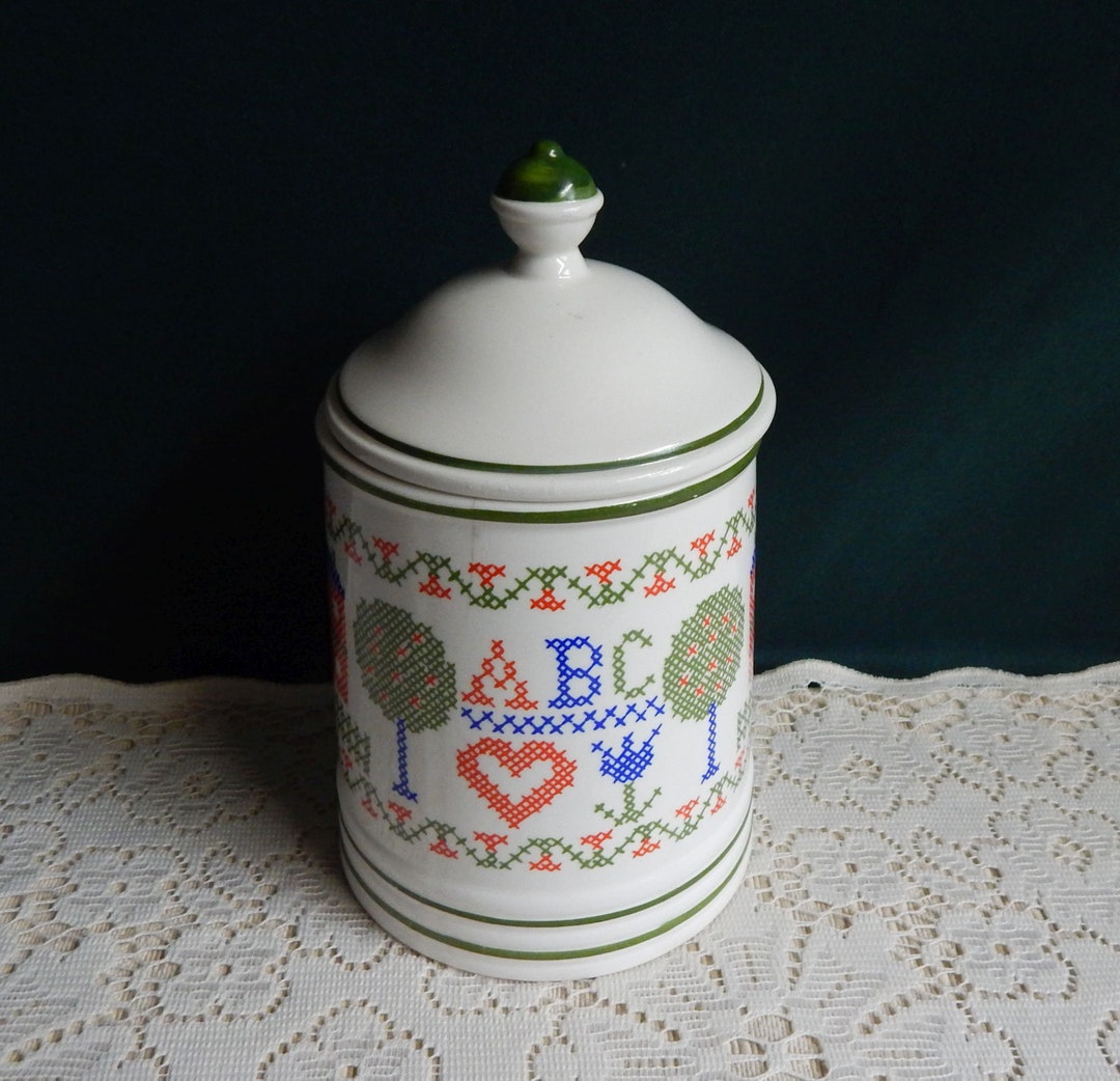 Ceramic Crosstitch Sampler Canister ABC 123 Kitchen Canister Coffee Tea ...