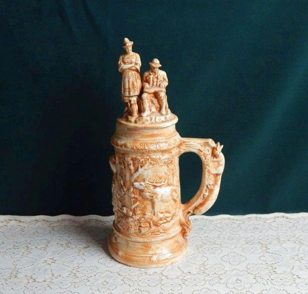 Embossed German Beer Decanter: Handpainted Ceramic Figural Lid - Etsy