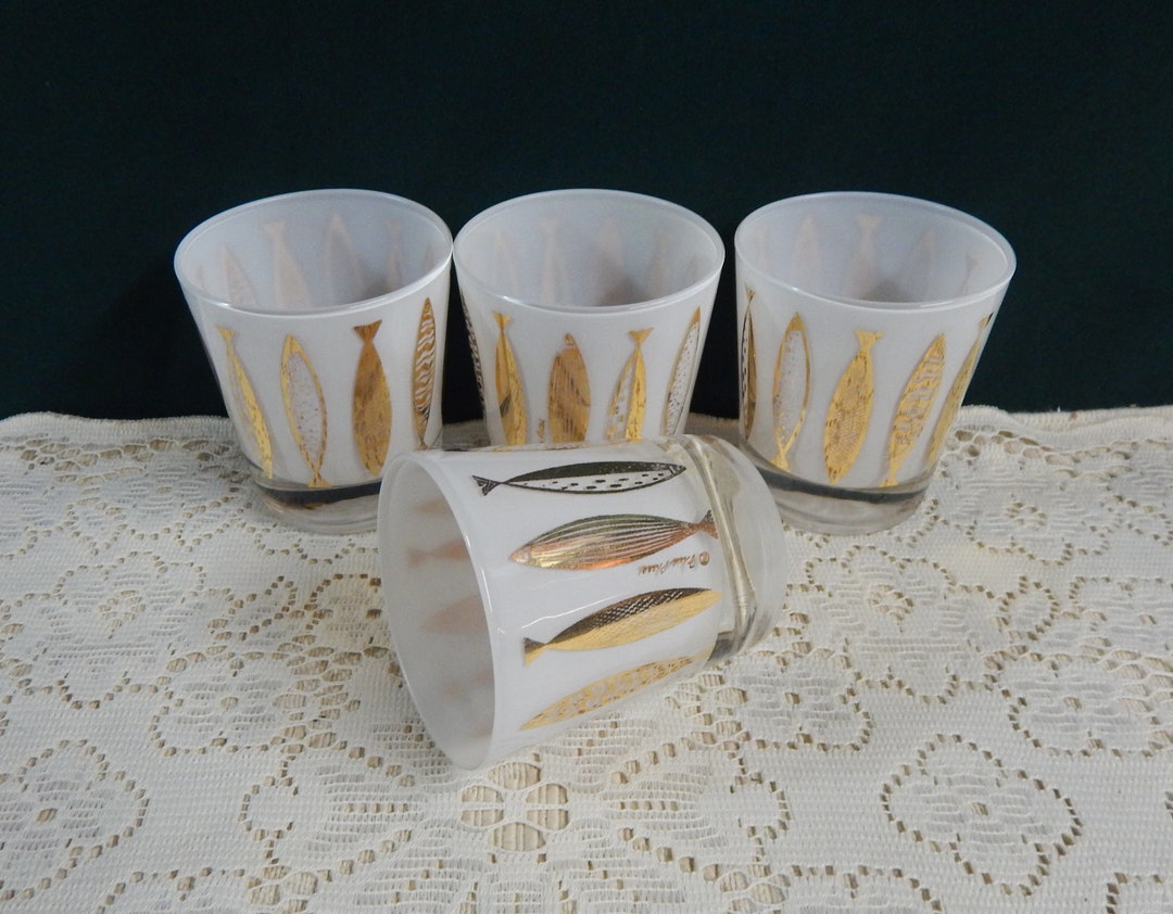 Fred Press Glasses - Set of 4 - Fred Press Low Balls - White Cased Fish ...
