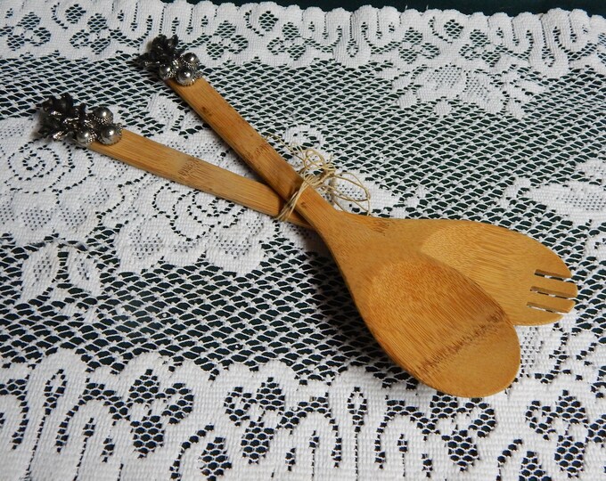 Wood Metal Utensils - Wooden Spoon Fork - Acorn Topped Utensils ...