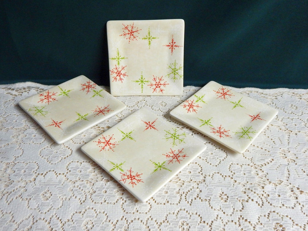 Oneida Snowmates Cream Canape Plates - Set of 4 - Original Tin Gift Box ...