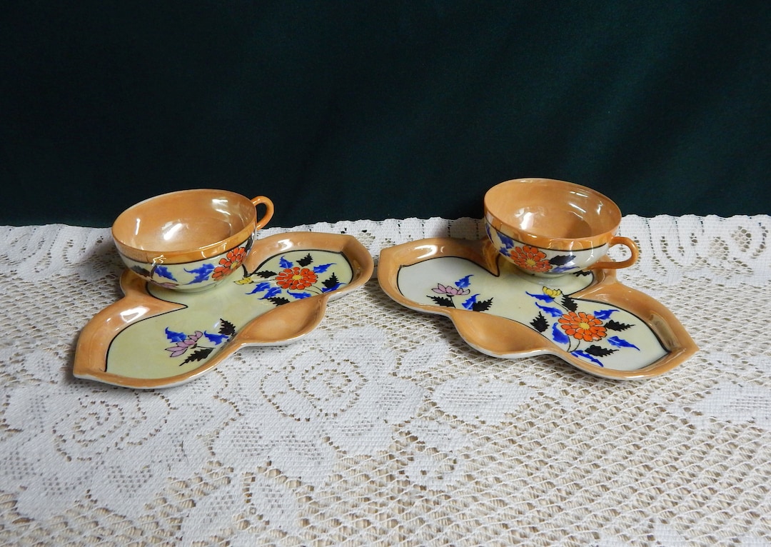 Lusterware Plates Cups - Set of 2 - Hand-painted Snack Set - Mid ...