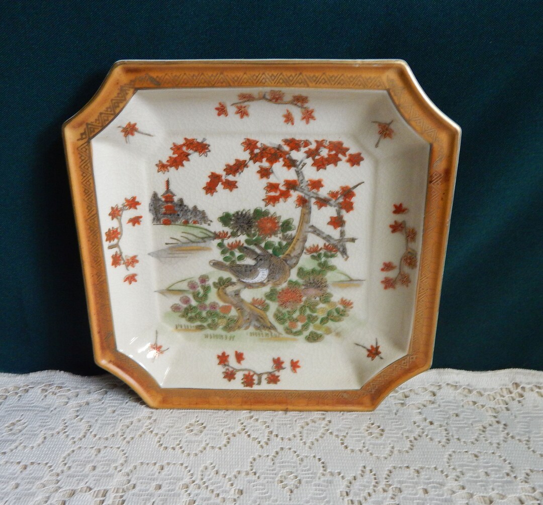 Handpainted Andrea by Sadek Plate: Oriental Bird & Pagoda Candy Dish - Etsy
