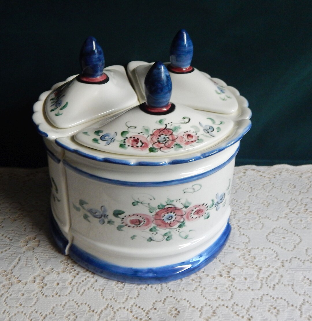 Handpainted 3 Section Ceramic Canister Set for Lazy Susan Signed by ...