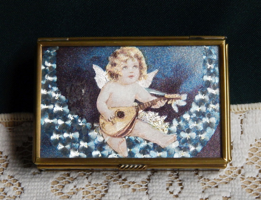 Vintage Iridescent Cherub Mirrored Brass Jewelry Box - Angel Trinket ...