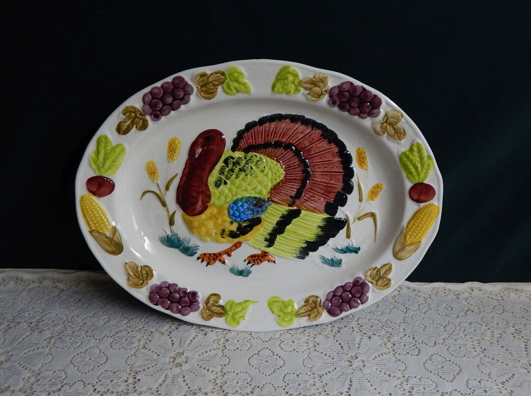 Holiday Ceramic Turkey Platter - Large Embossed Harvest Platter ...