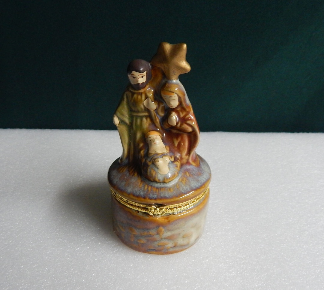 Nativity Ring Box - Ceramic Brown Marbled Nativity Ring Trinket Box ...