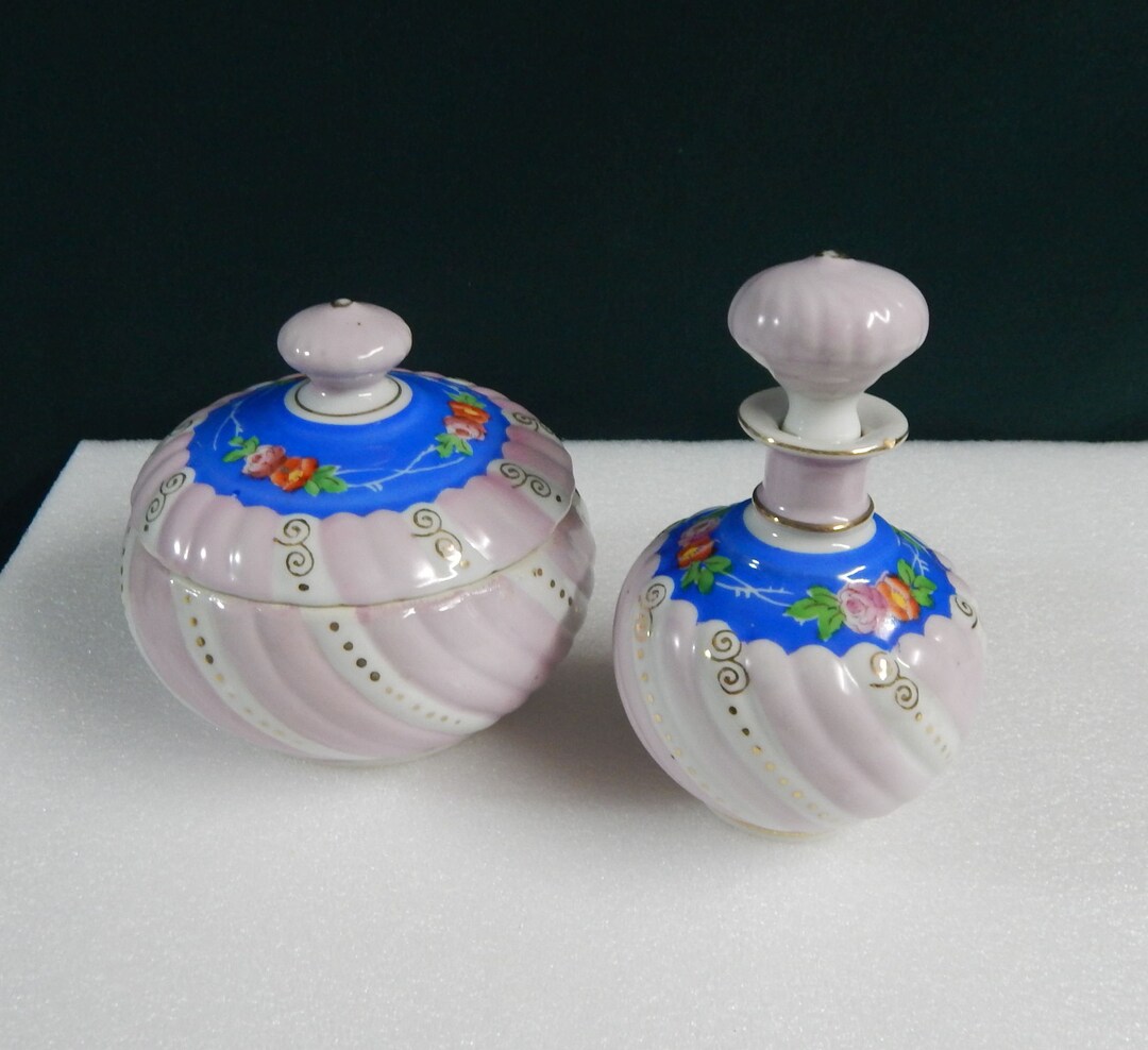 Retro Porcelain Vanity Set: Perfume Bottle & Lidded Bowl - Made in ...