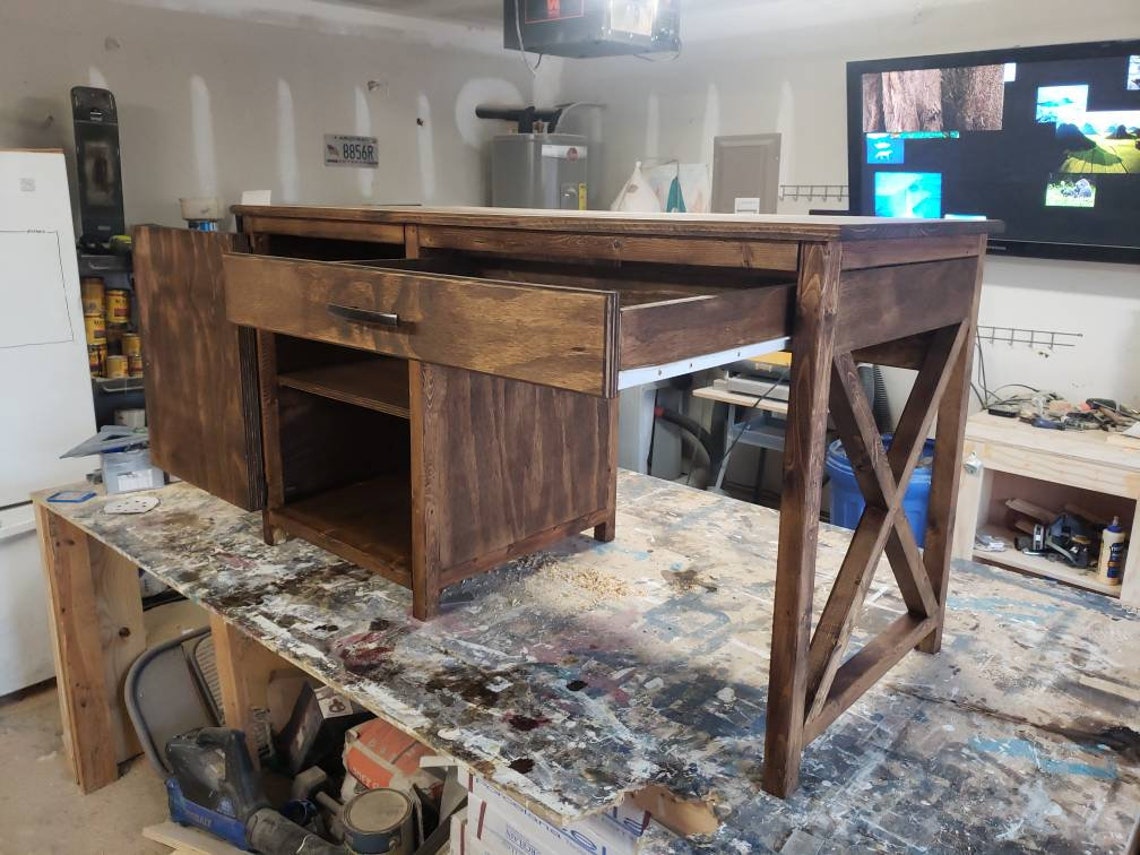 Rustic X Computer Desk With Drawer and Cabinet - Etsy
