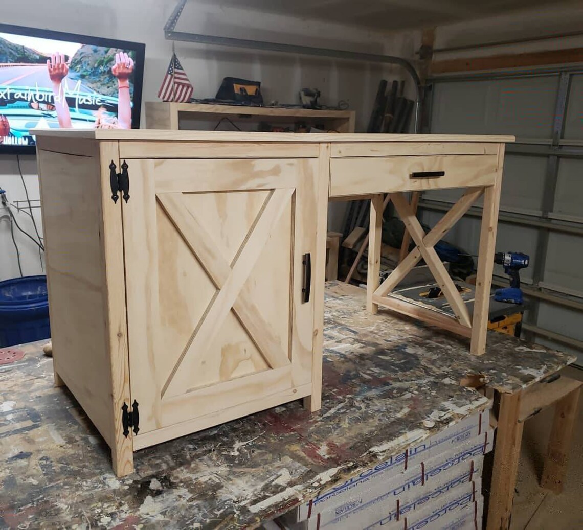 Rustic X Computer Desk With Drawer and Cabinet - Etsy