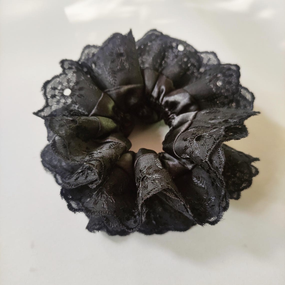 Four Layer Lace Scrunchies, Black French Lace Frill Scrunchie, Double ...