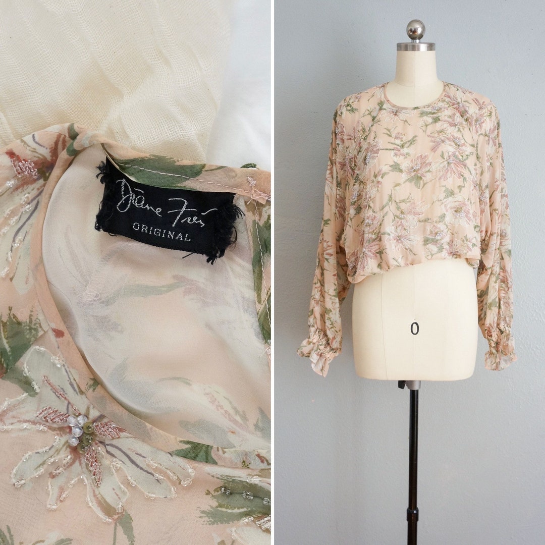 1980s Diane Freis Beaded Floral Top | Vintage 80s Pink Beaded Floral ...