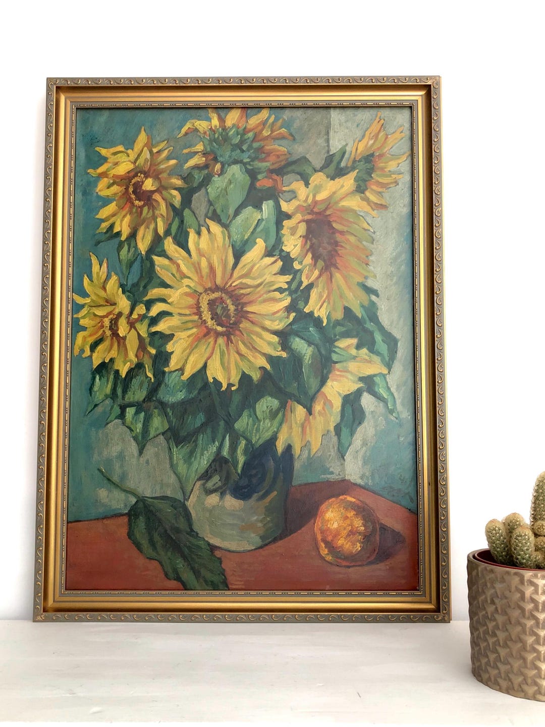 Vintage Sunflower Oil Painting, Still Life, Dutch Art, Framed, Big ...