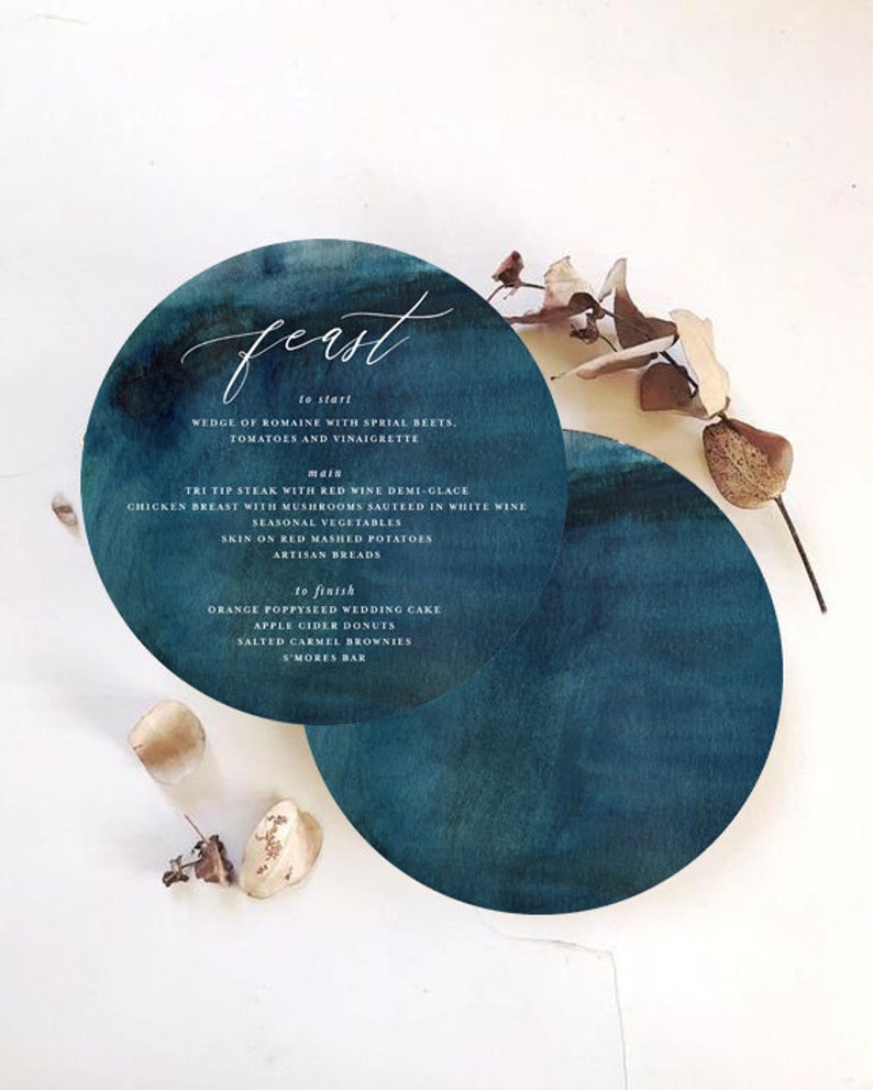 Round Wedding Menu Template Circle Double Sided Watercolor | Etsy