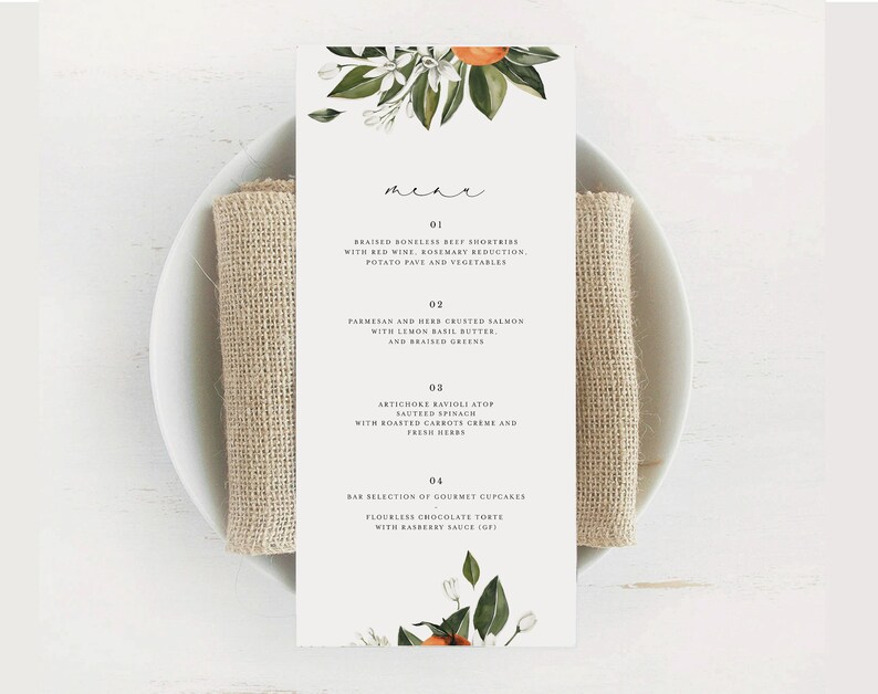 Printable Orange Wedding Menu Card Template Printable Instant - Etsy