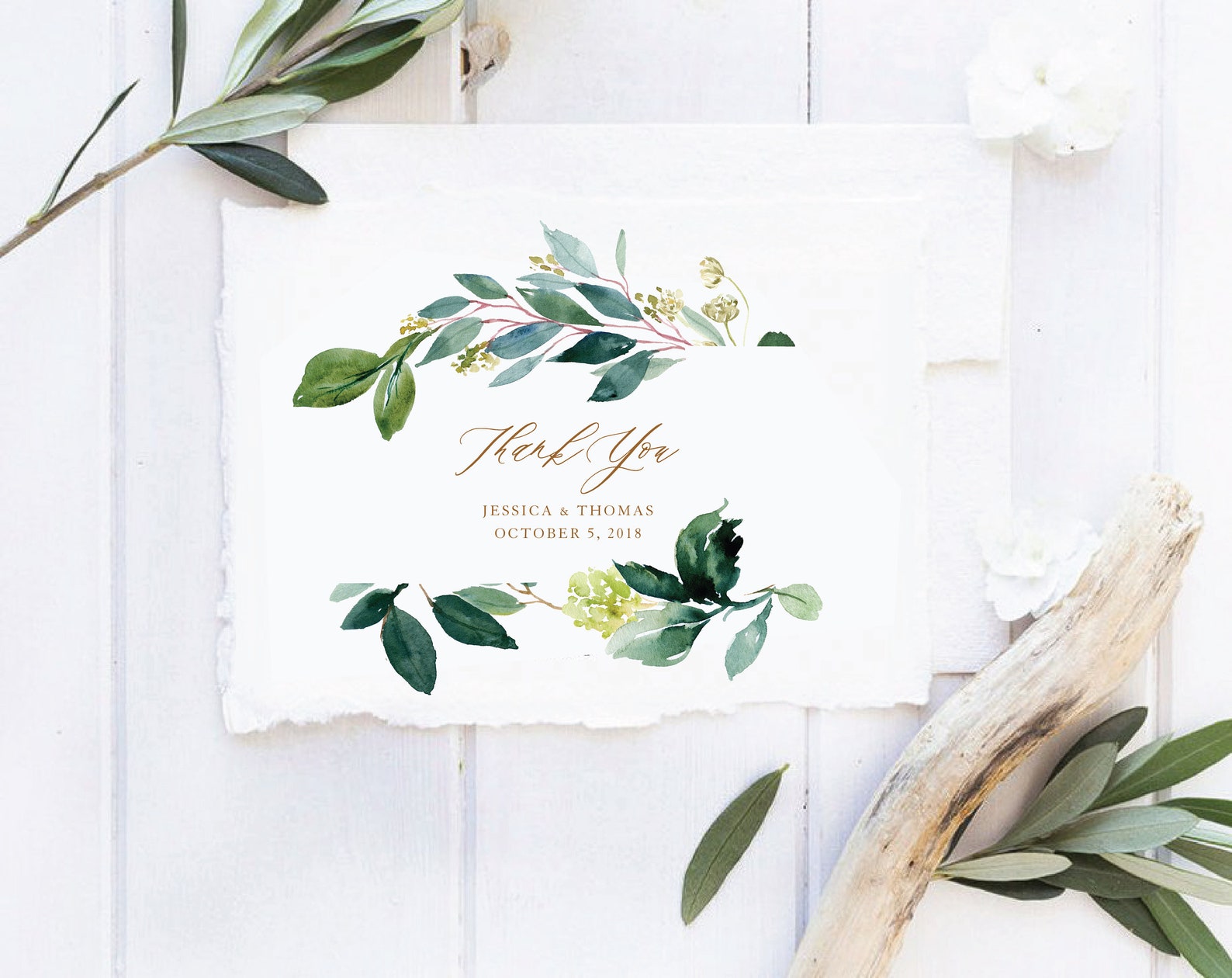Leafy Greenery Thank You Card Template, INSTANT DOWNLOAD, 100% Editable ...
