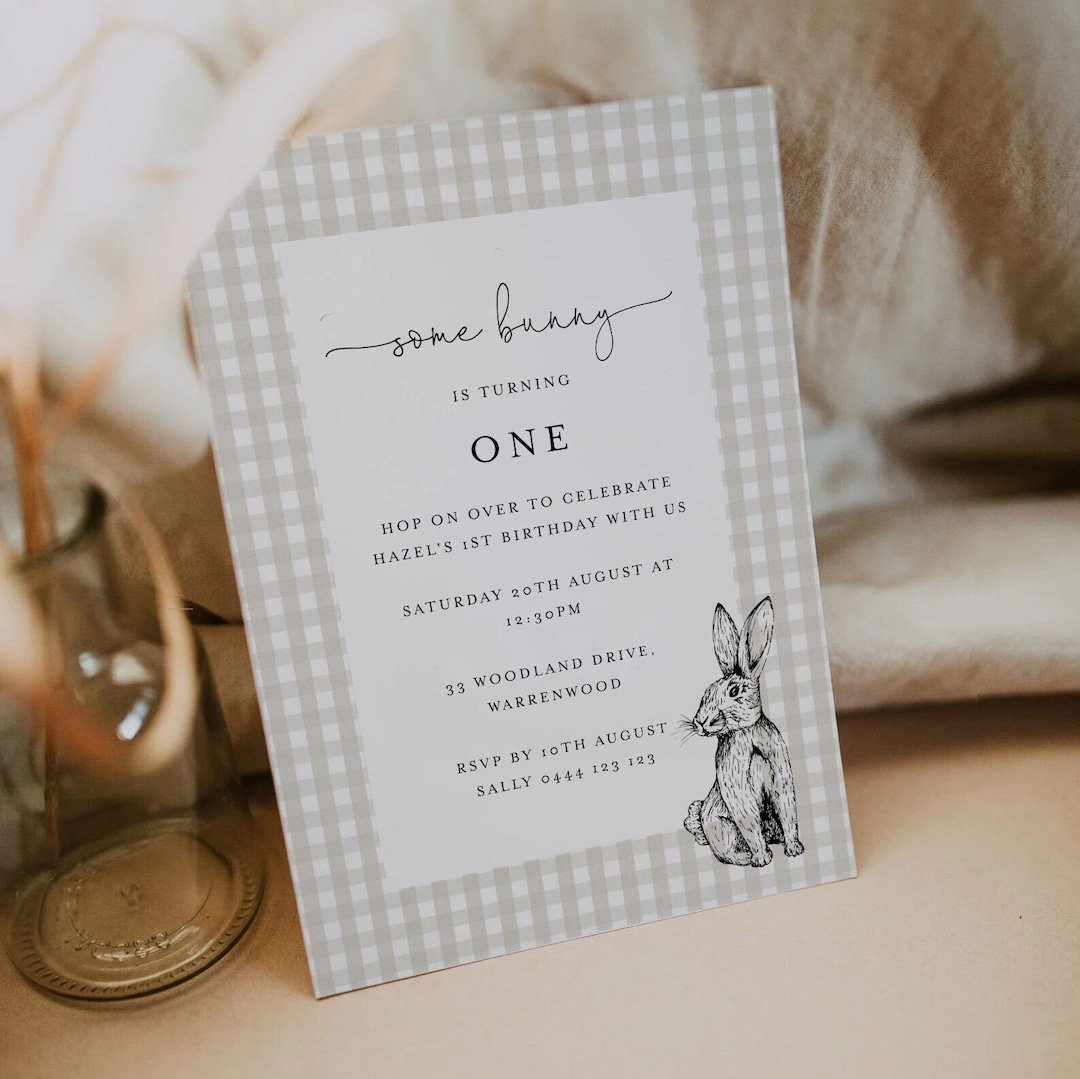 Bunny First Birthday Invitation: Scandi Gingham, Editable Template ...