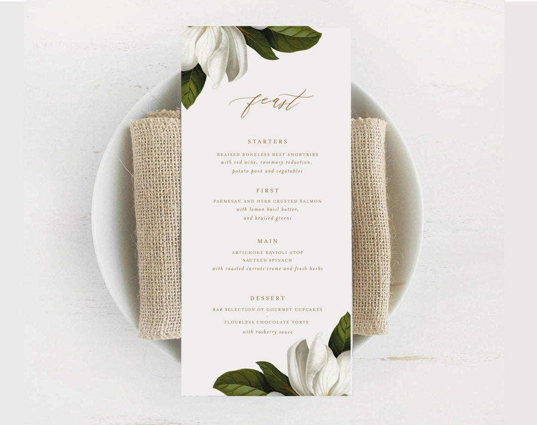 Magnolia Menu Card Template Rustic Dinner Menu Wedding Menu - Etsy
