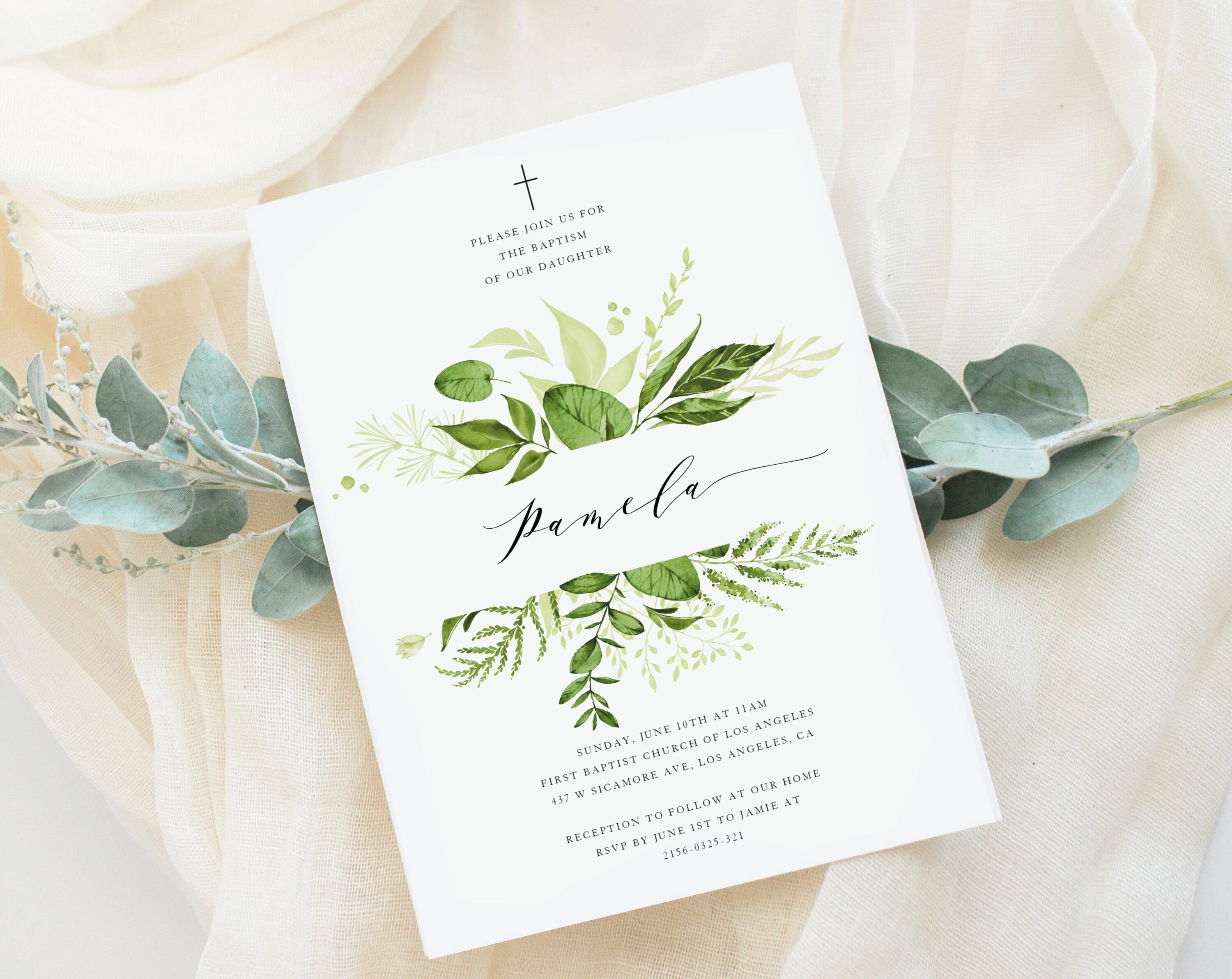 Printable Baptism Invitation Template Greenery Baptism | Etsy