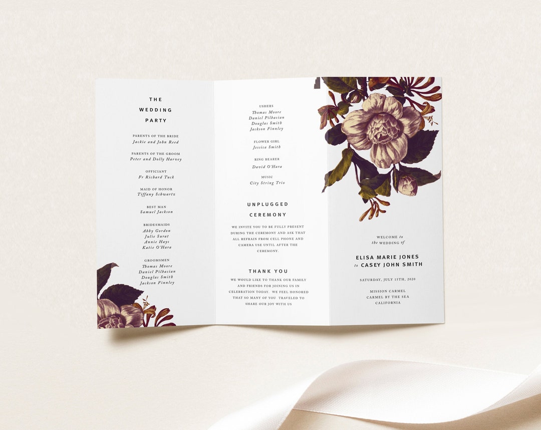 Trifold Wedding Ceremony Program Template Vintage Floral Printable Camellia Flower Ceremony ...