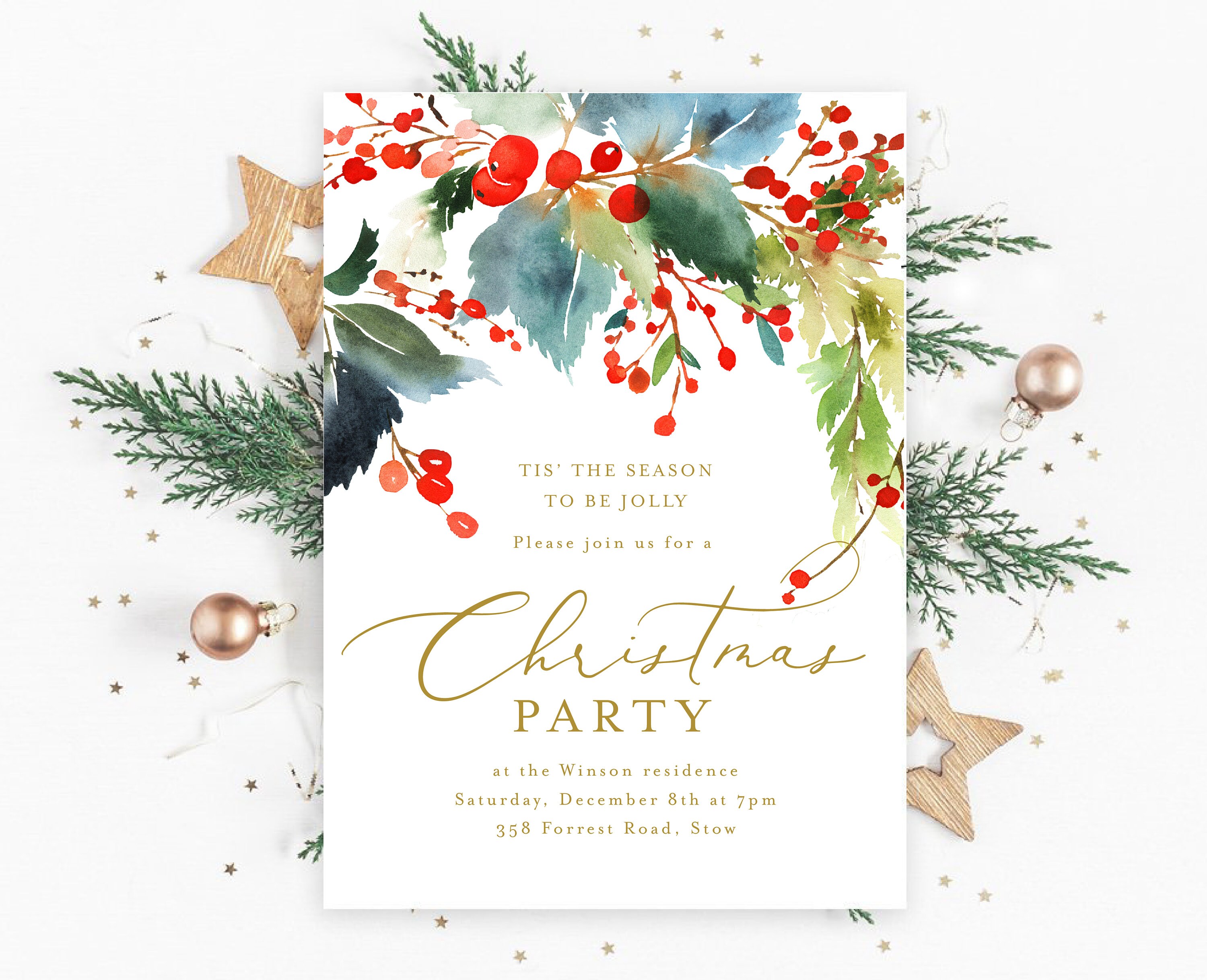 Christmas Party Invitation Red floral Christmas Invitation | Etsy