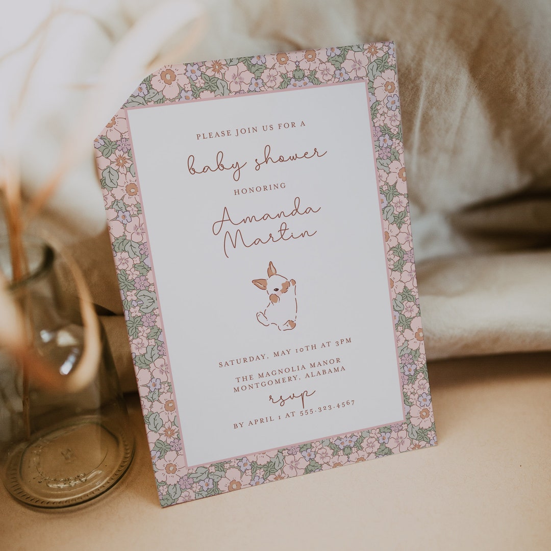 Bunny Baby Shower Invitation Template, Liberty Floral Bunny Themed Baby ...