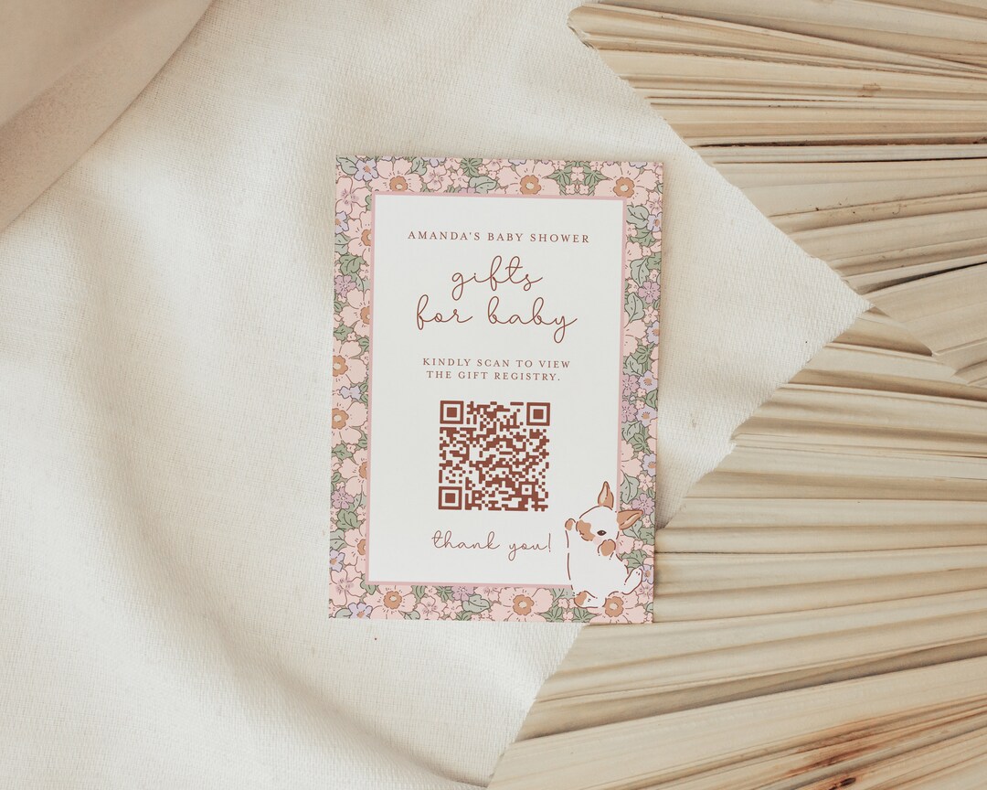 Baby Shower QR Code Gift Registry, Foral Bunny Baby Shower Insert ...