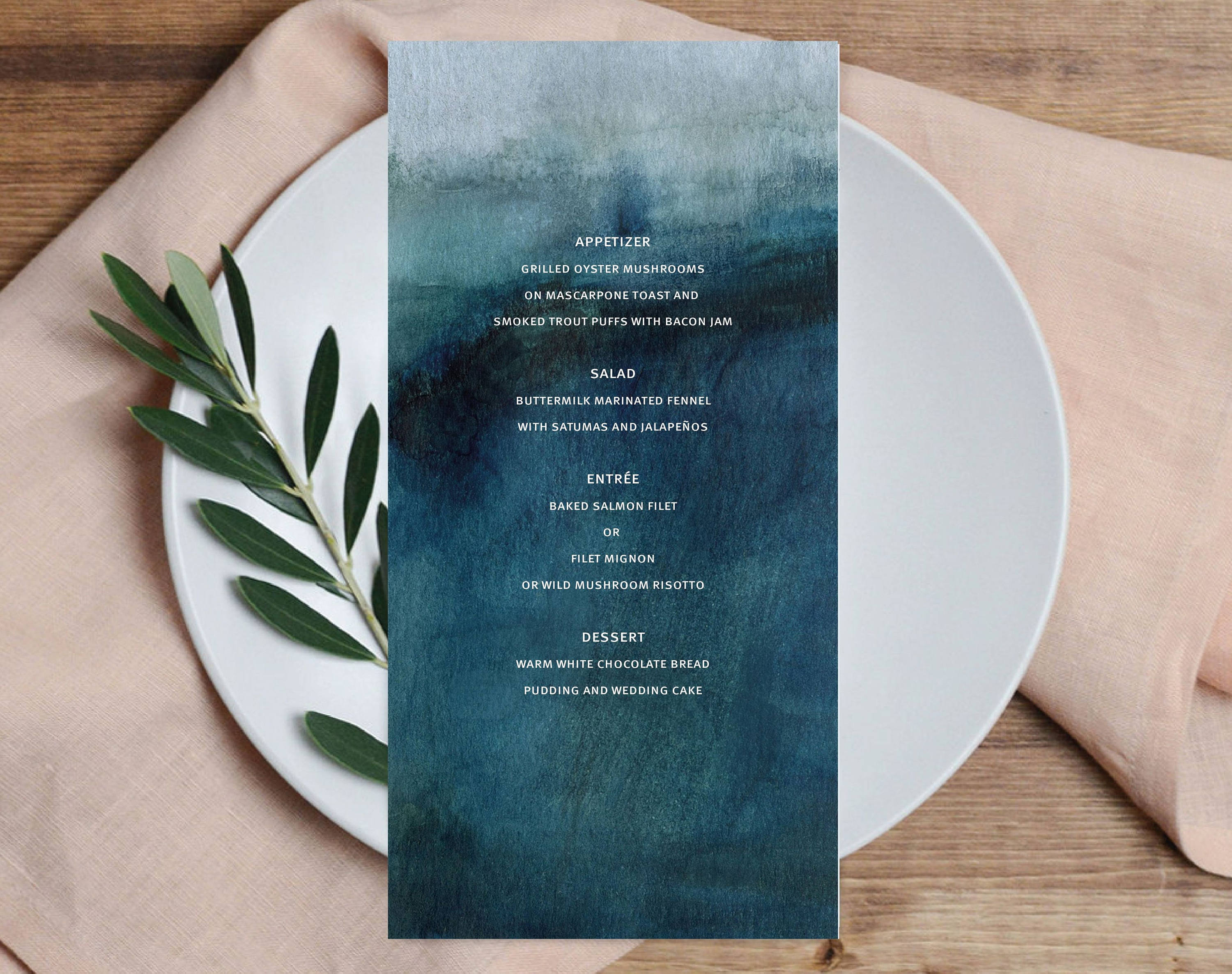 WATERCOLOR Printable Wedding Menu, Blue Agate Long Menu, Ombre Blue ...