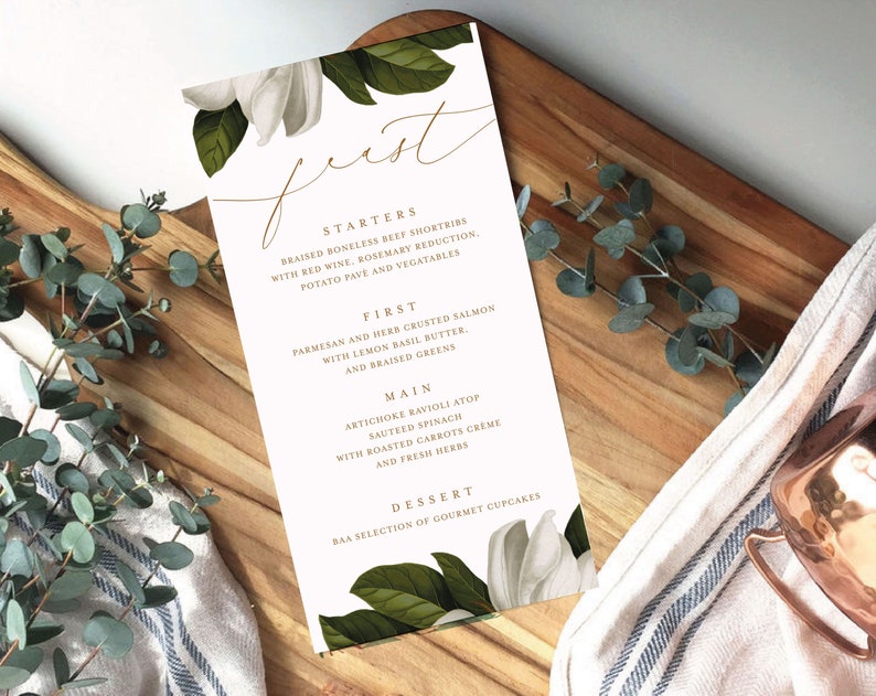 Printable Dinner Menu Template Magnolia Blossom Floral Menu - Etsy