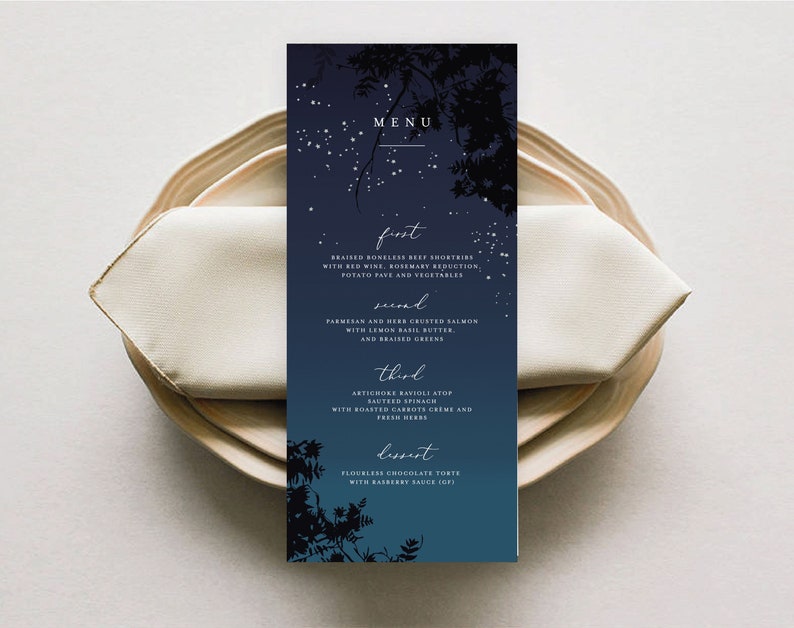 Starry Night Celestial Stars Wedding Menu Template Navy Blue | Etsy