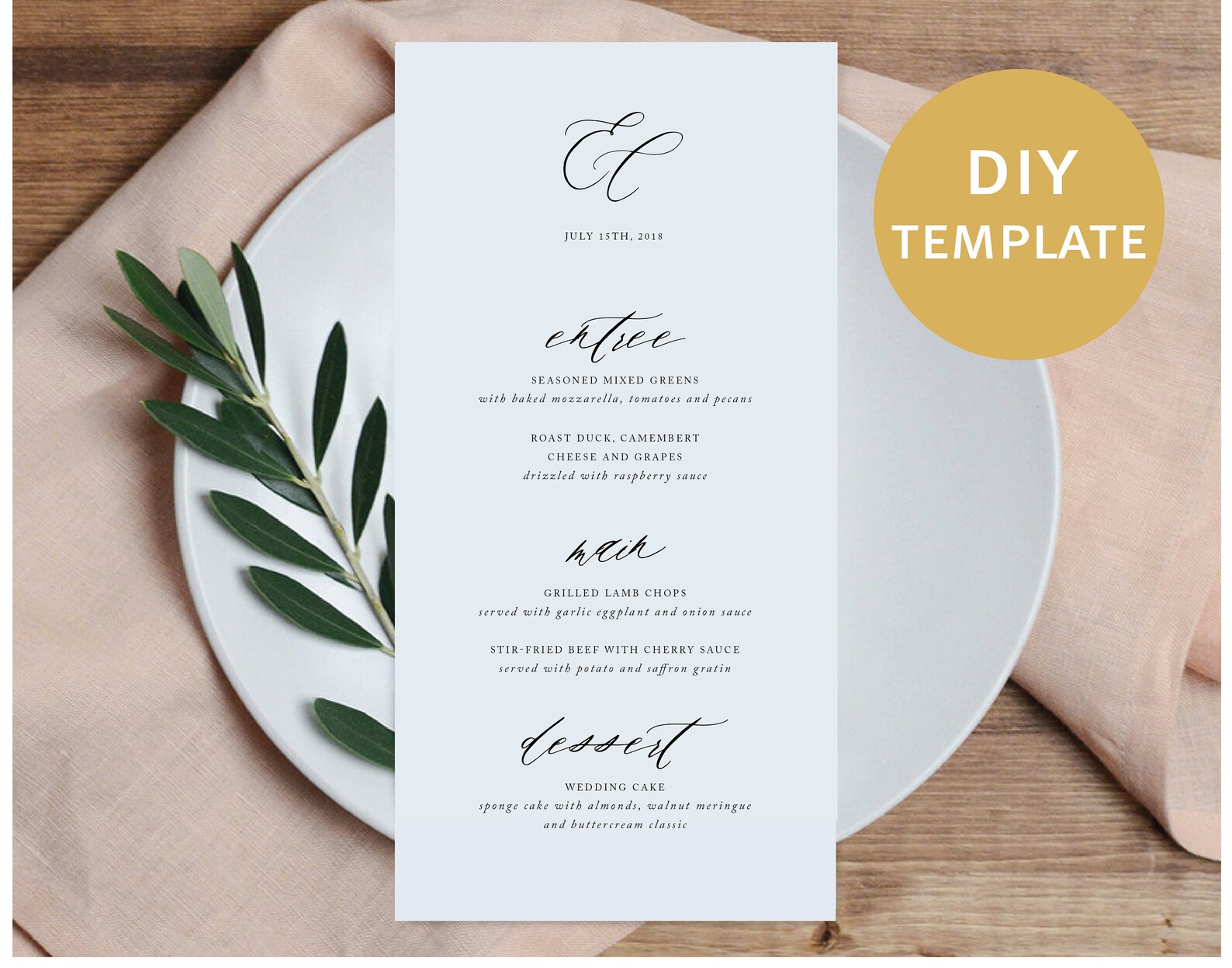 SIMPLE Menu Template Romantic Wedding Menu Template Instant | Etsy