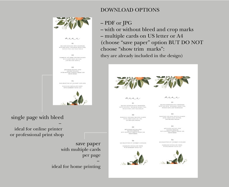 Printable Orange Wedding Menu Card Template Printable Instant - Etsy