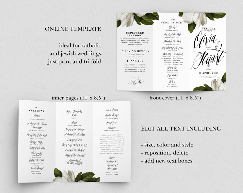 Magnolia Tri Fold Wedding Program Tri Fold Program Catholic - Etsy