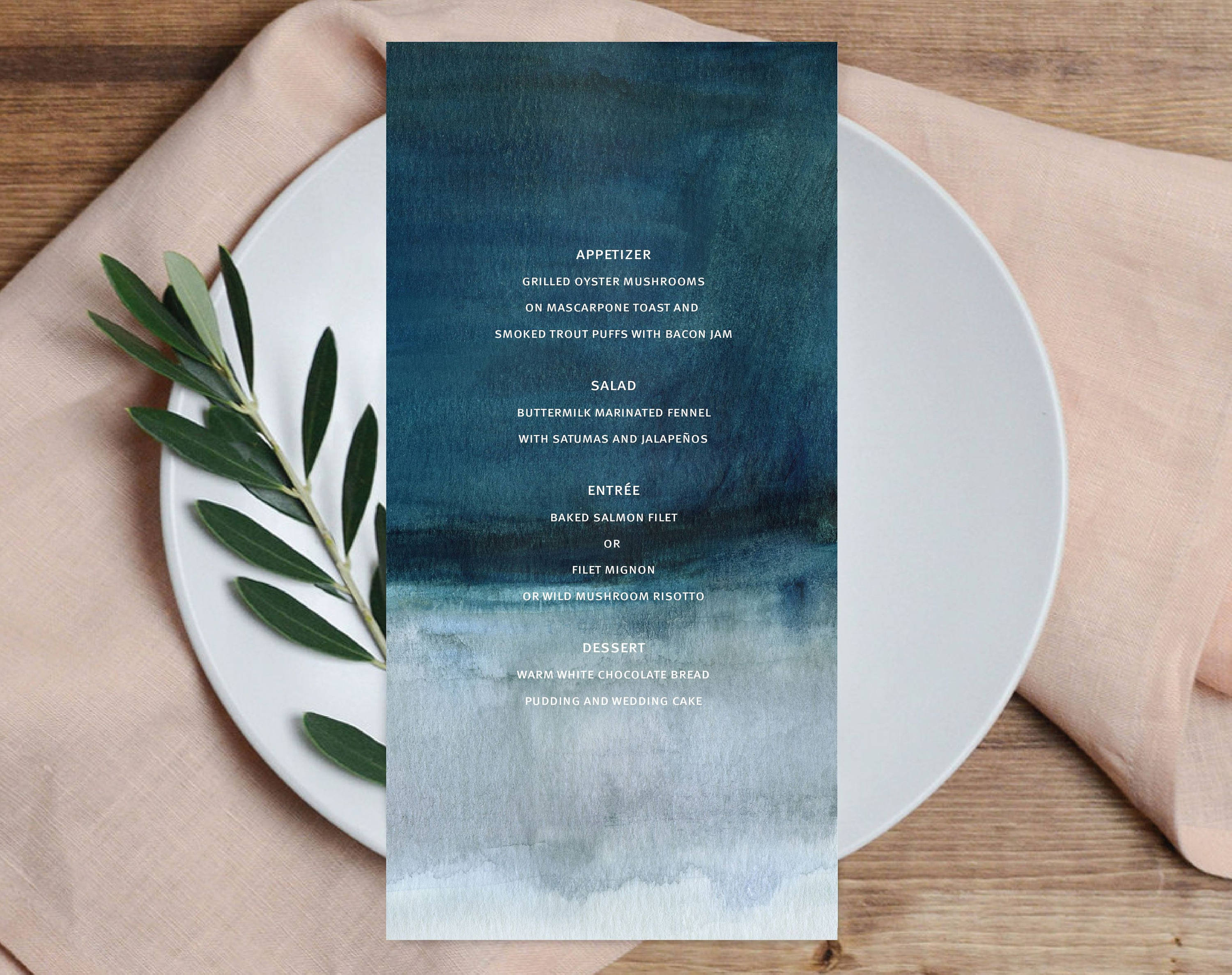 WATERCOLOR Printable Wedding Menu, Blue Agate Long Menu, Ombre Blue ...
