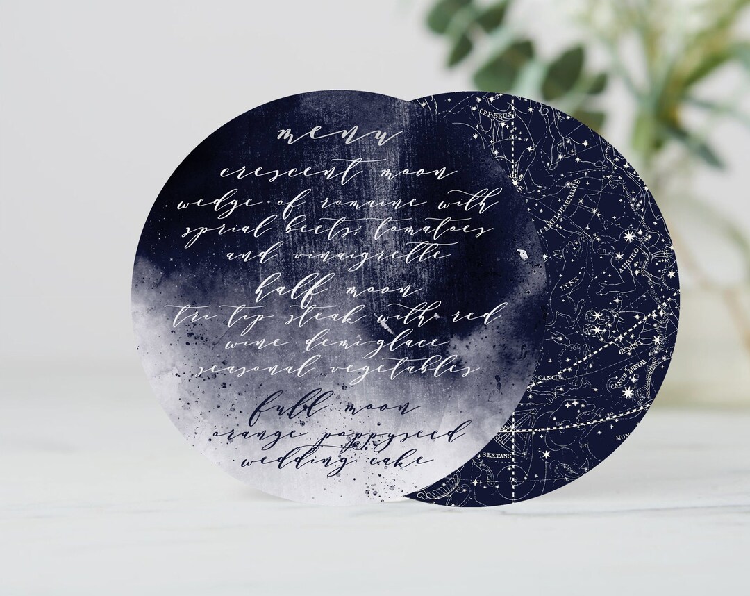 Starry Night Celestial Stars Wedding Menu Template, Navy Blue Silver ...