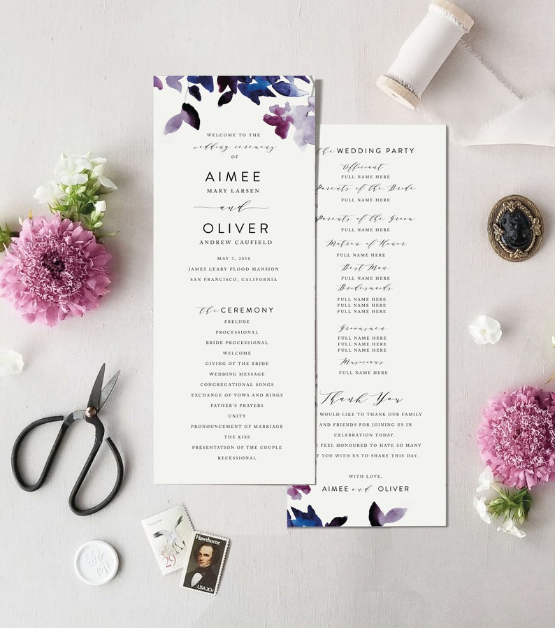 Purple Wedding Program Template Printable Ceremony Instant | Etsy