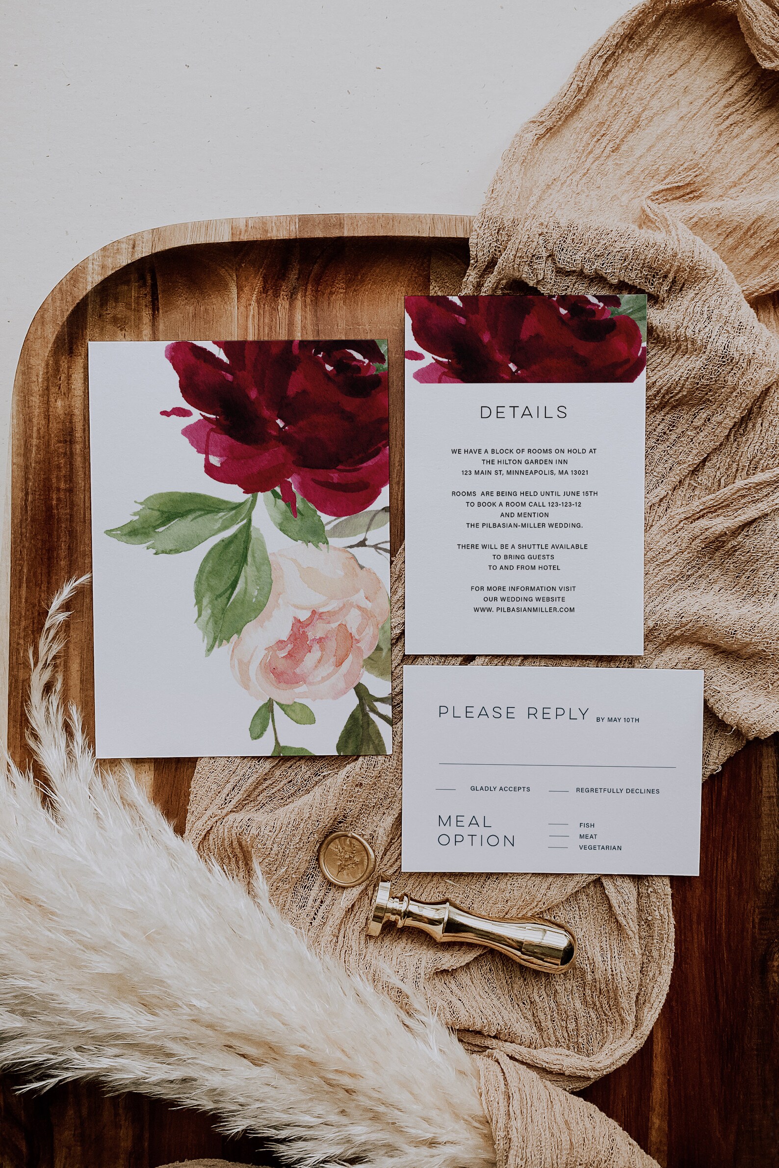 Burgundy Wedding Invitation Template Set Printable Rustic | Etsy