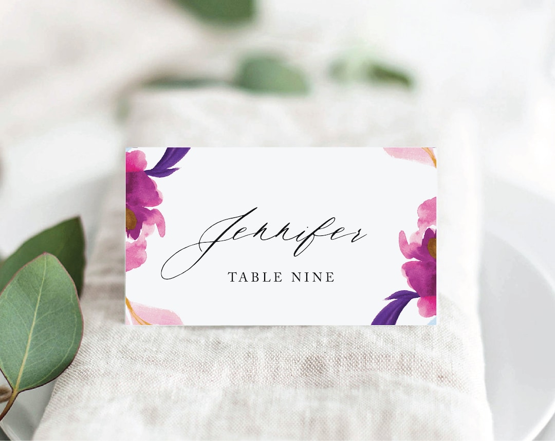Printable Place Card Template, Seating Cards, Escort Cards, Purple Leaf ...