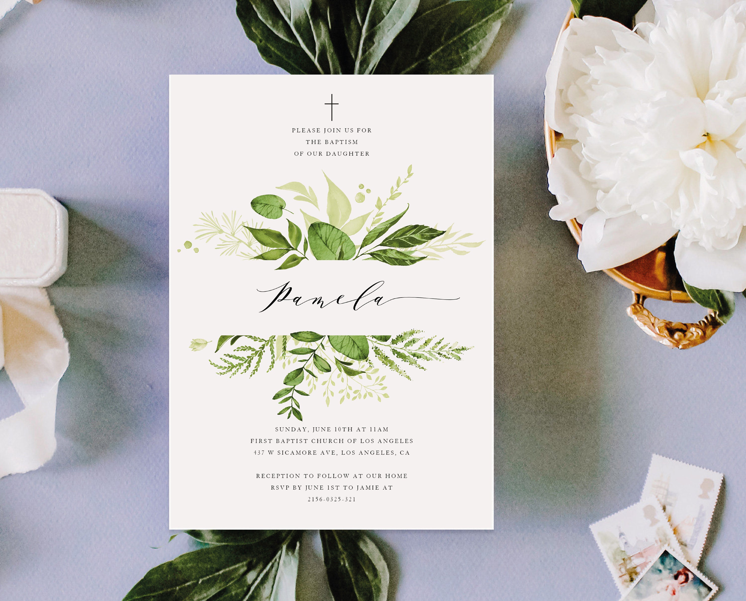 Printable Baptism Invitation Template Greenery Baptism | Etsy