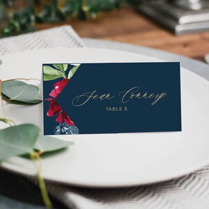 Navy Wedding Place Cards Template, Printable Burgundy Floral Table Card ...