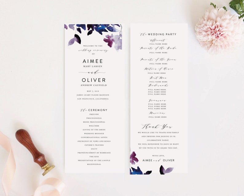 Purple Wedding Program Template Printable Ceremony Instant | Etsy