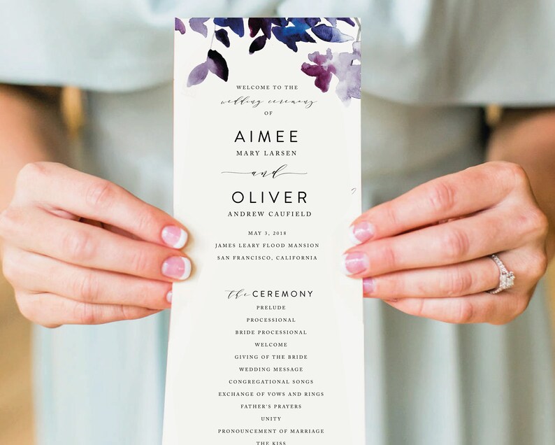 Purple Wedding Program Template Printable Ceremony Instant | Etsy
